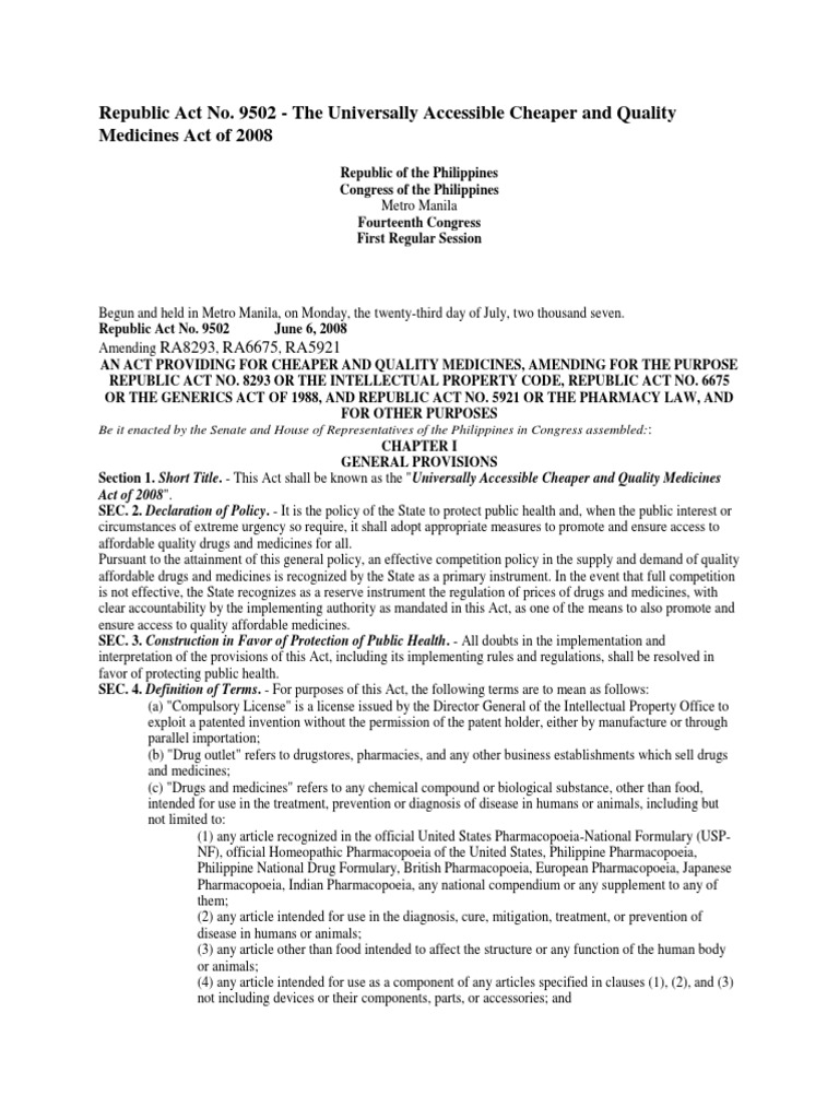 Republic Act No. 9502 | PDF | Patent | Trips Agreement