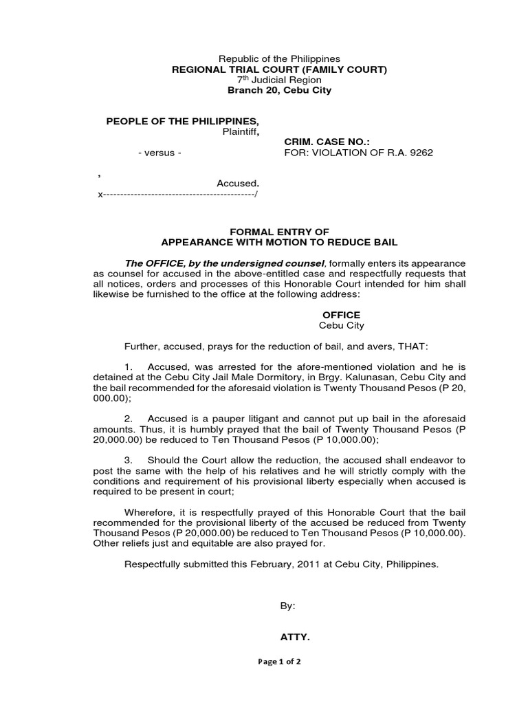 Entry of Appearance With Reduction of Bail | PDF | Bail | Courts