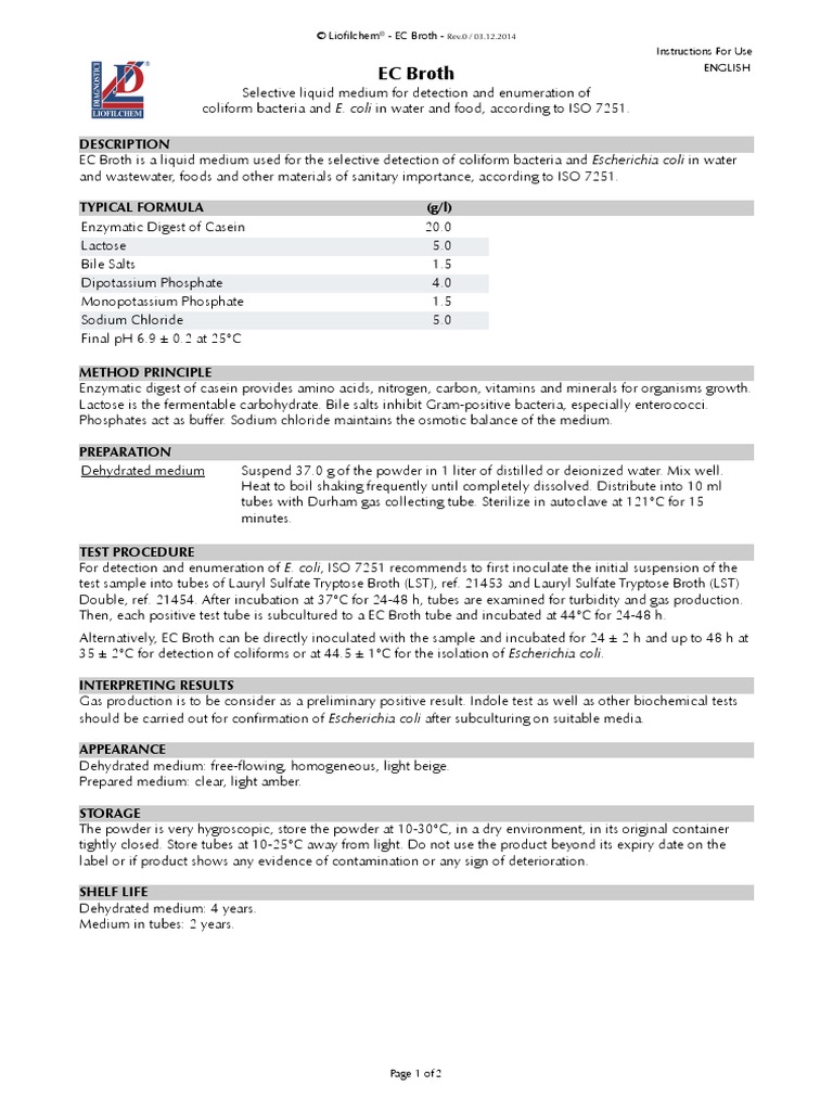 EC Broth - Liofilchem | Download Free PDF | Growth Medium | Sodium Chloride