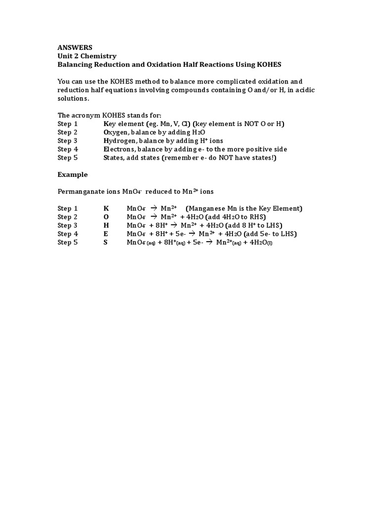 Worksheet Redox Kohes Year 11-Answers | PDF | Manganese | Redox