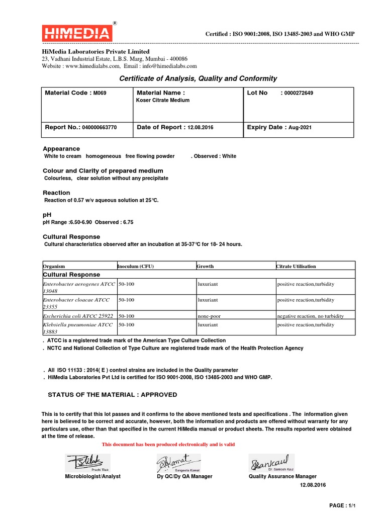 Koser Citrate Medium | PDF | Quality Assurance | Business