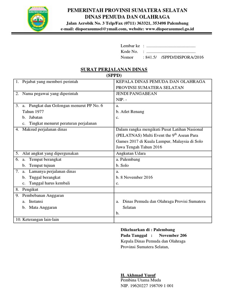 Surat Perjalanan Dinas DISPORA Sumsel | PDF