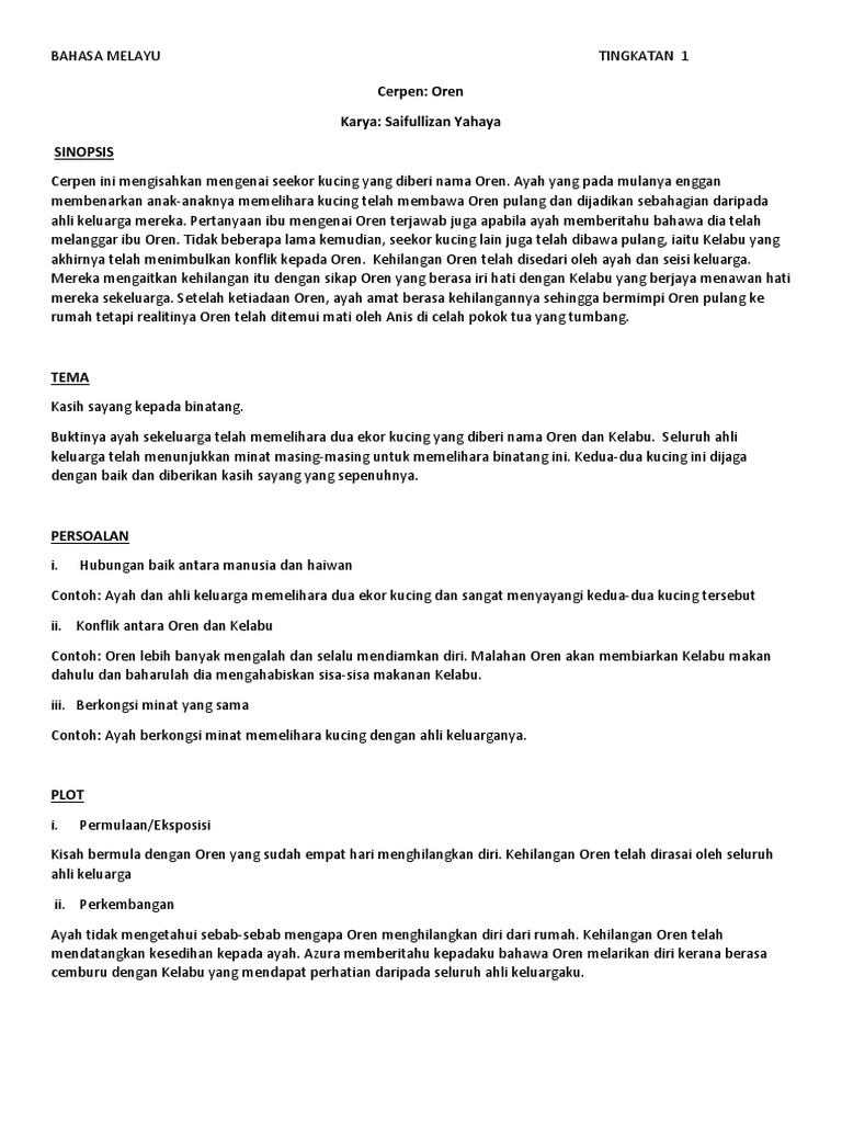 Nota Cerpen Oren | PDF | Seni & Disiplin Bahasa