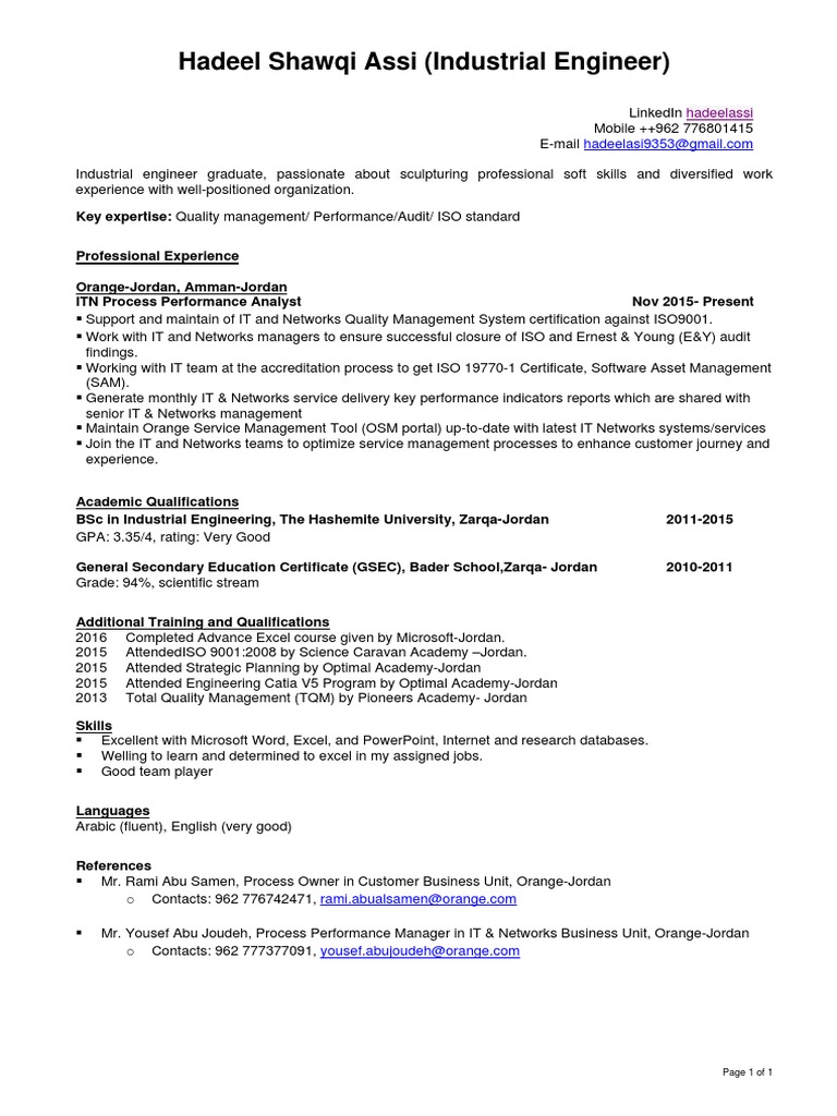 Hadeel Asi Industrial Engineer CV | PDF | Quality Management | Iso 9000