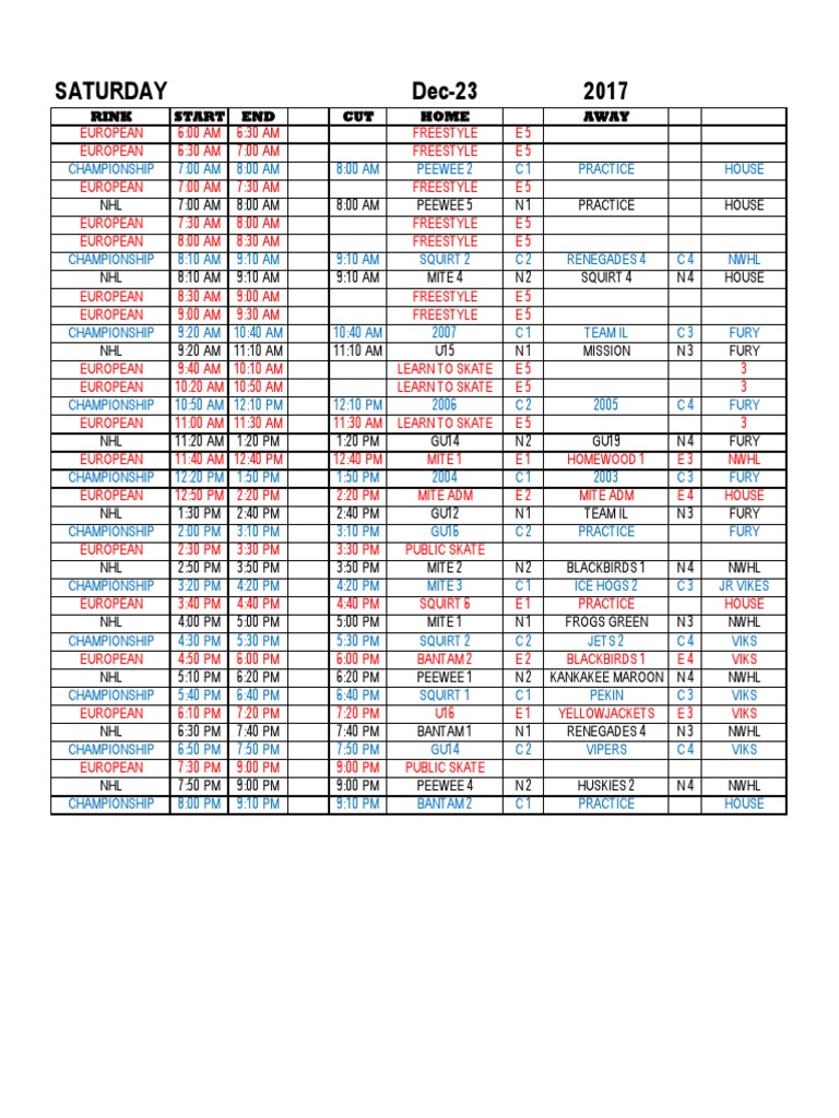December 23rd ice rink schedule with European, NHL and championship ...