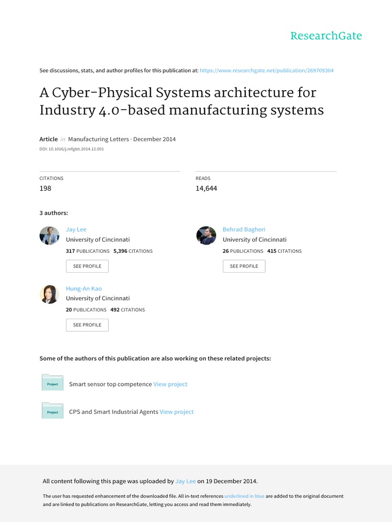 A Cyber-Physical Systems Architecture For Industry 4.0-Based Manufacturing Systems | PDF ...
