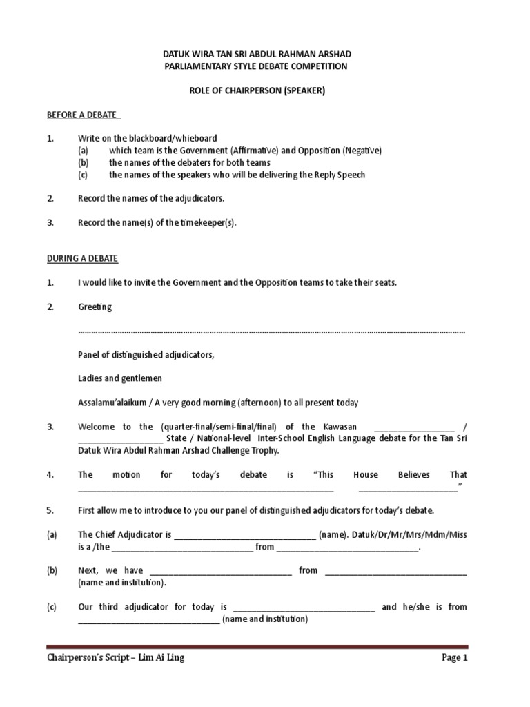 Debate Chairperson Script | PDF | Public Speaking | Government