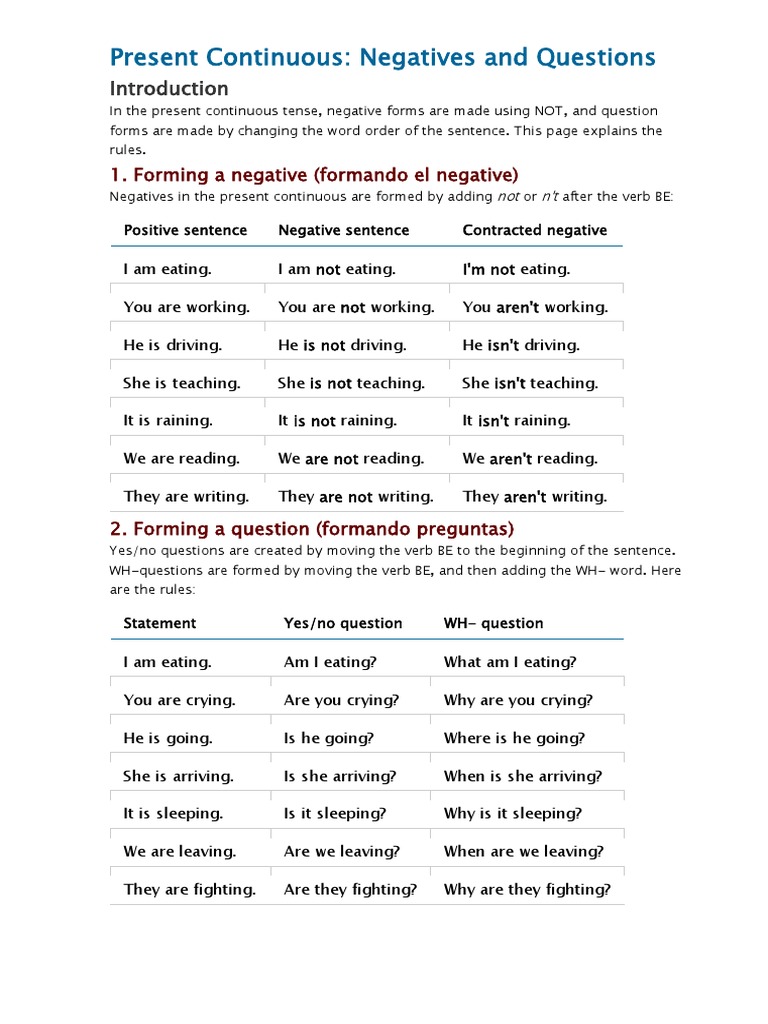 Present Continuous Aff Neg Interr | PDF | Question | Grammar