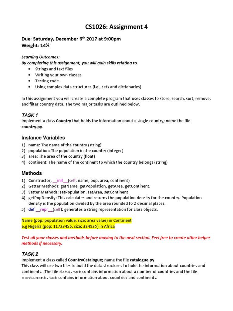 CS 1026 Assignment 4 | Download Free PDF | Class (Computer Programming) | Parameter (Computer ...