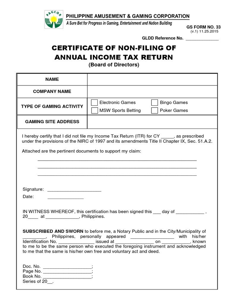 GS Form No. 33 - Certificate of Non-Filing of Annual ITR 11.25.2015 PDF ...