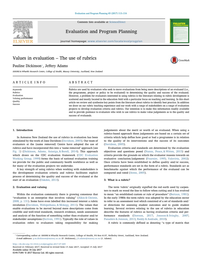 Values In Evaluation The Use Of Rubrics Pdf Rubric Academic
