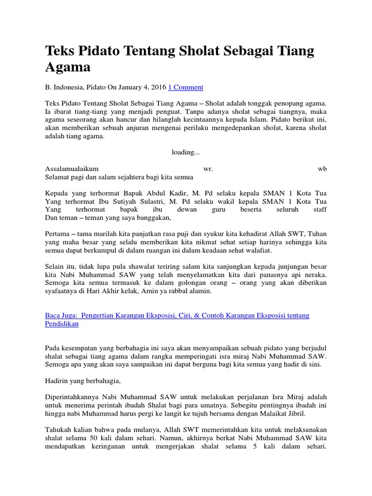 Teks Pidato Tentang Sholat Sebagai Tiang Agama | PDF