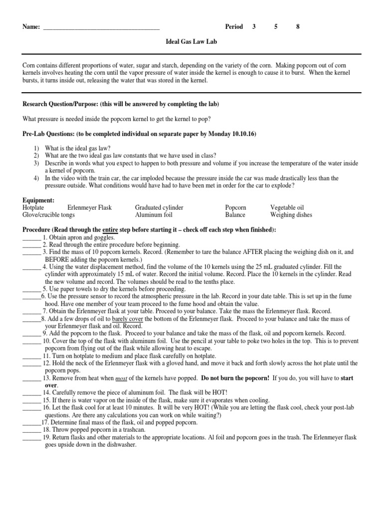 Popcorn Lab Ideal Gas Law | PDF | Popcorn | Gases