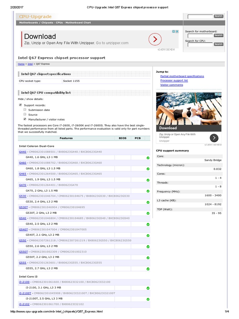 CPU-Upgrade - Intel Q67 Express Chipset Processor Support | PDF ...