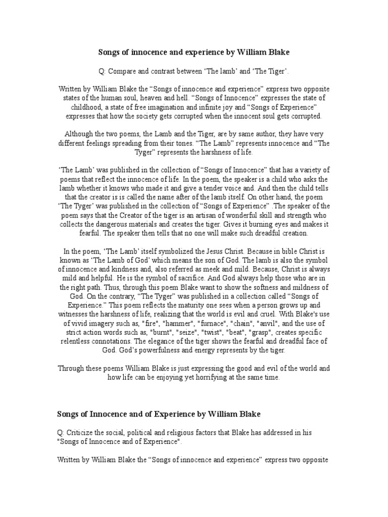 Innocence vs. Experience in Blake's Poetry | PDF | William Blake ...
