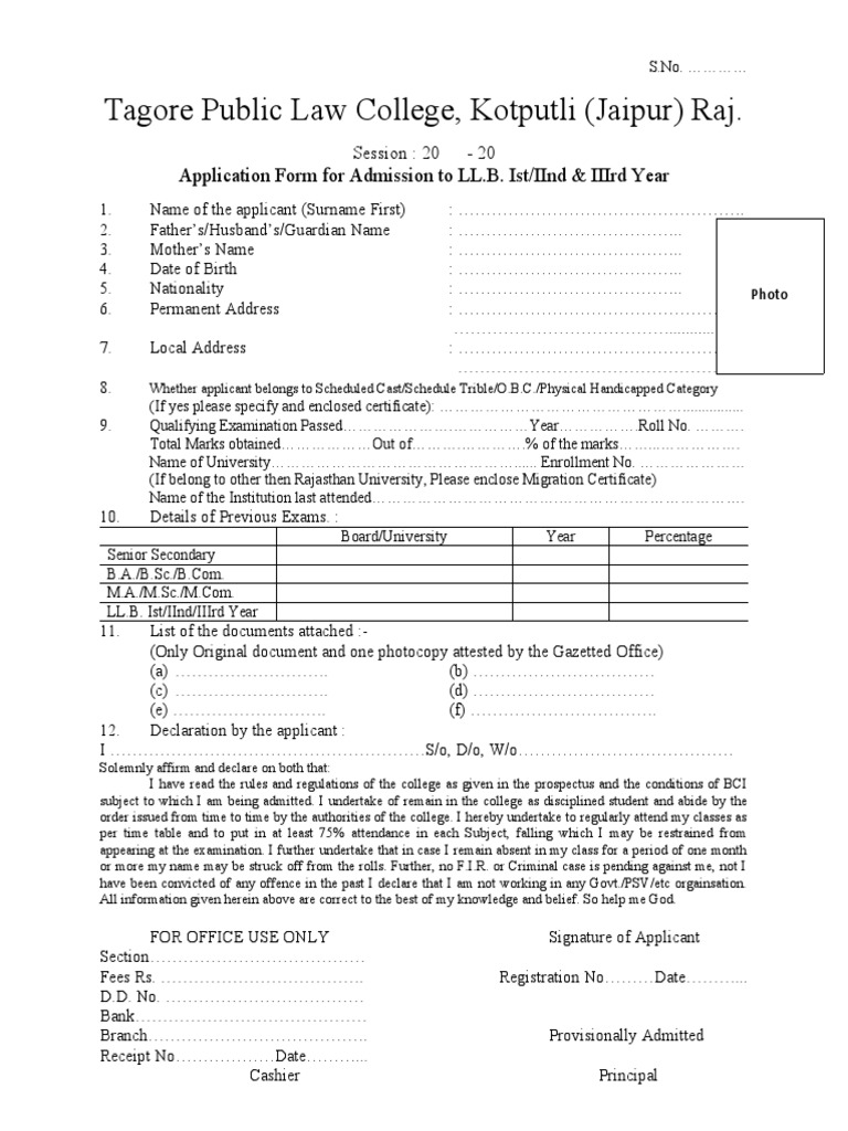 Tagore Public Law College, Kotputli (Jaipur) Raj.: Application Form For Admission To Ll.B. Ist ...
