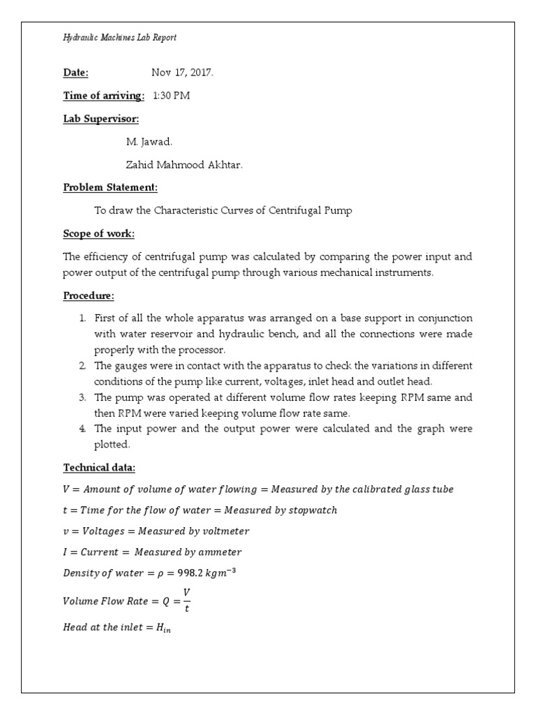Hydraulic Machines Lab Report Characteristic Curves | PDF | Valve | Pump