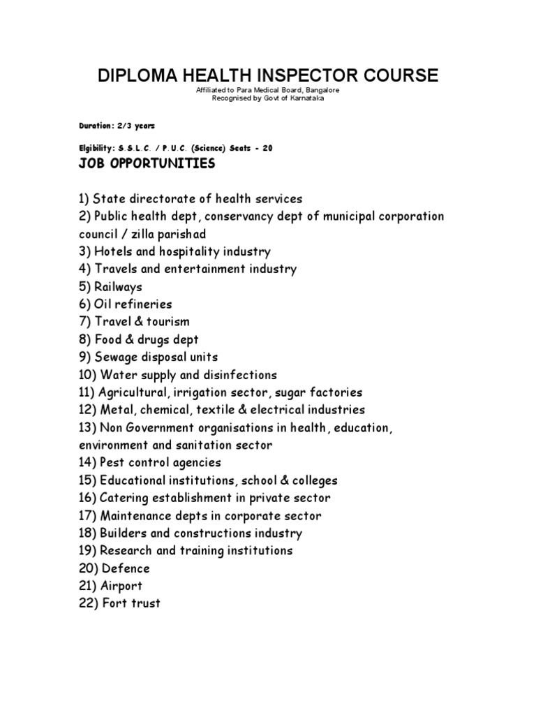 Diploma Health Inspector Course | PDF