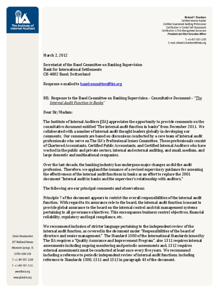 IIA Response To Basel Internal Audit Function in Banks - Comment Letter ...