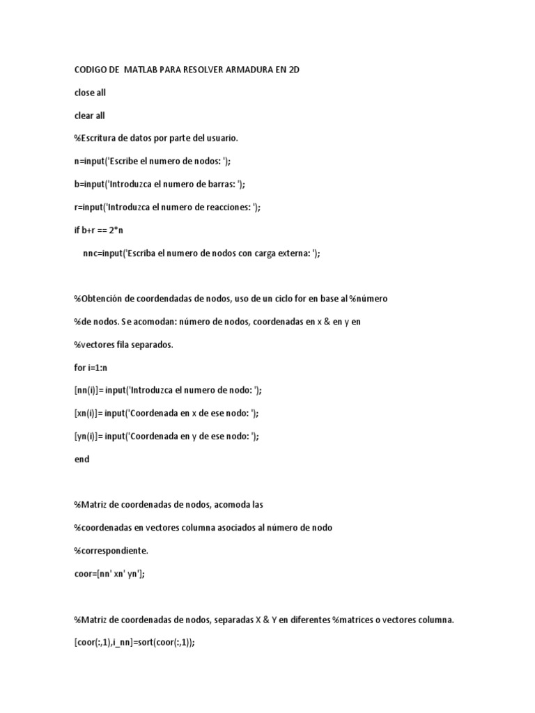 Codigo de Matlab para Resolver Armadura en 2d | PDF | Matriz ...