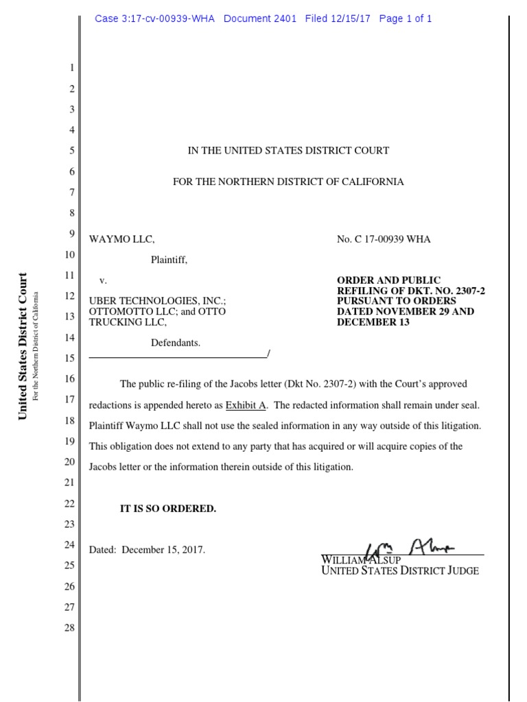 Waymo V Uber Jacobs Letter | PDF | Trade Secret | Uber (Company)