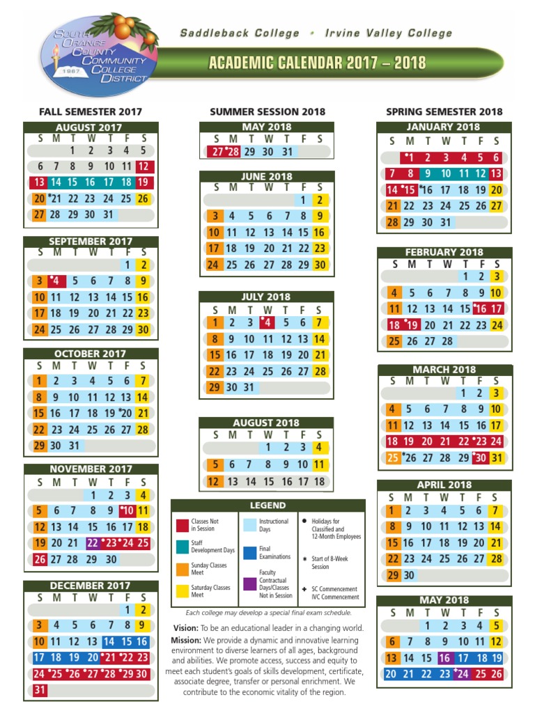 Saddleback College Academic Calendar 2017-2018 | PDF | Academic Term ...