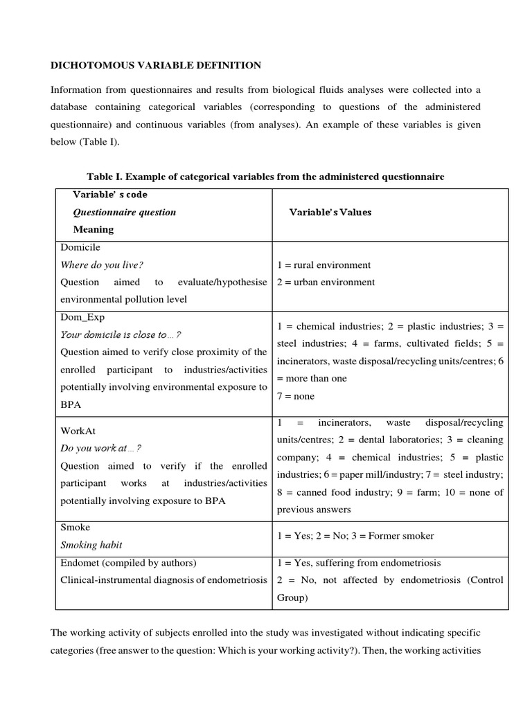 Dichotomous Variable Definition: Questionnaire Question | PDF ...