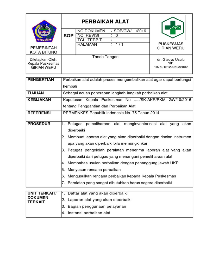 SOP Perbaikan Alat Puskesmas Girian Weru | PDF