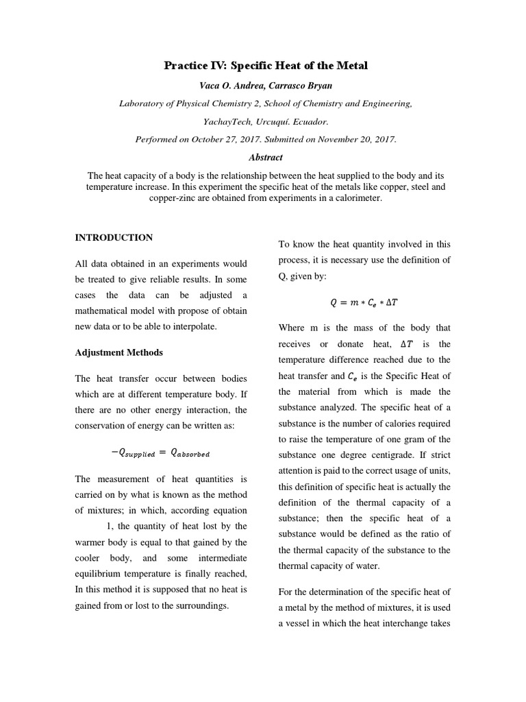 Practice IV: Specific Heat of The Metal | PDF | Heat | Heat Capacity