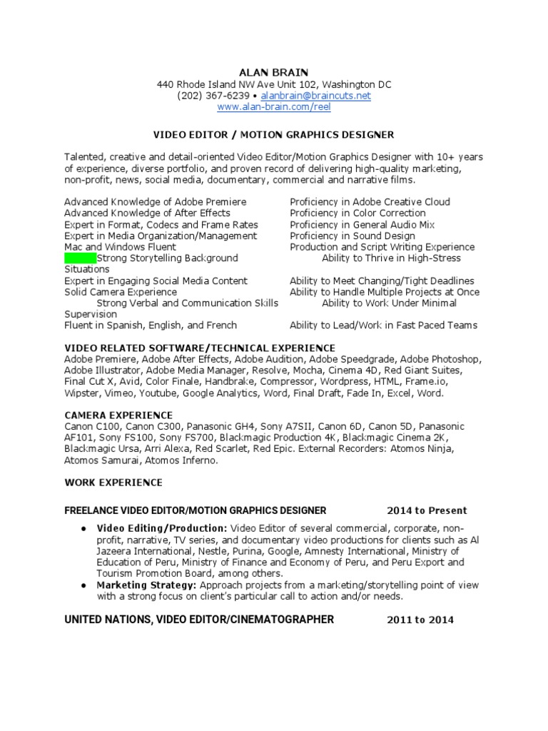 Alan Brain: United Nations, Video Editor/Cinematographer | PDF ...