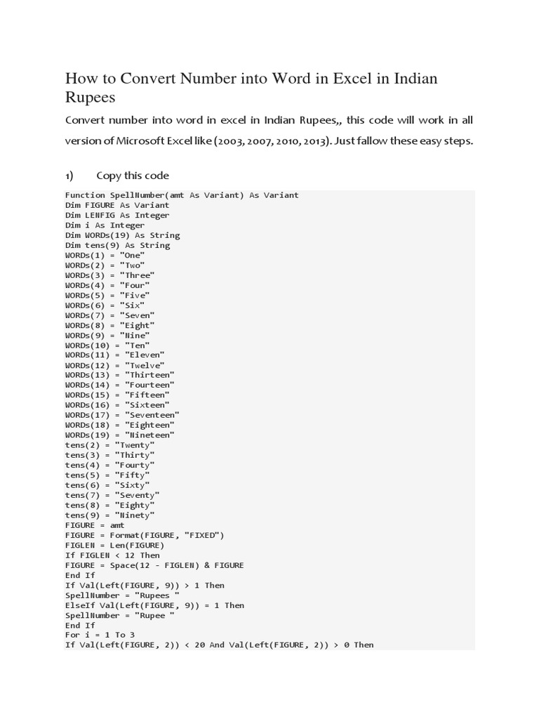How To Convert Number Into Word in Excel in Indian Rupees | PDF ...