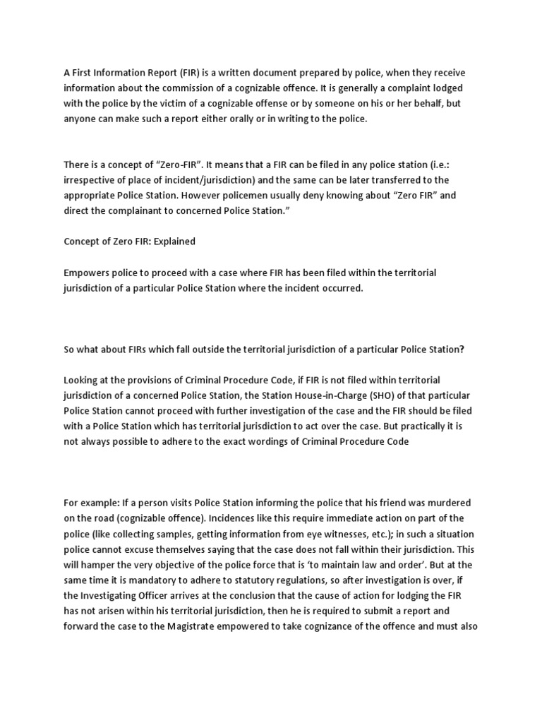 Zero FIR Details | Download Free PDF | Criminal Procedure In South ...