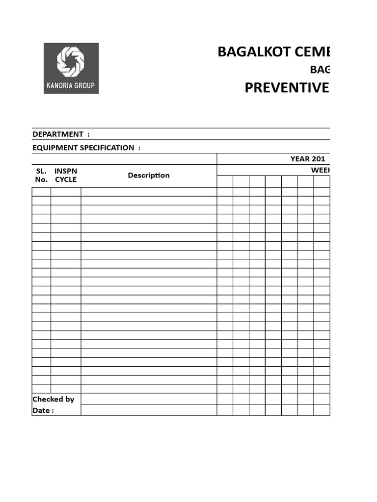 Bagalkot Cement & Industries LTD., Preventive Maintenance Card | PDF ...