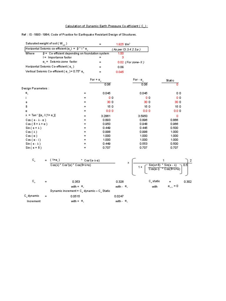 Calculation of Dynamic Earth Pressure Co-Efficient (C) : Ref: IS - 1893 ...