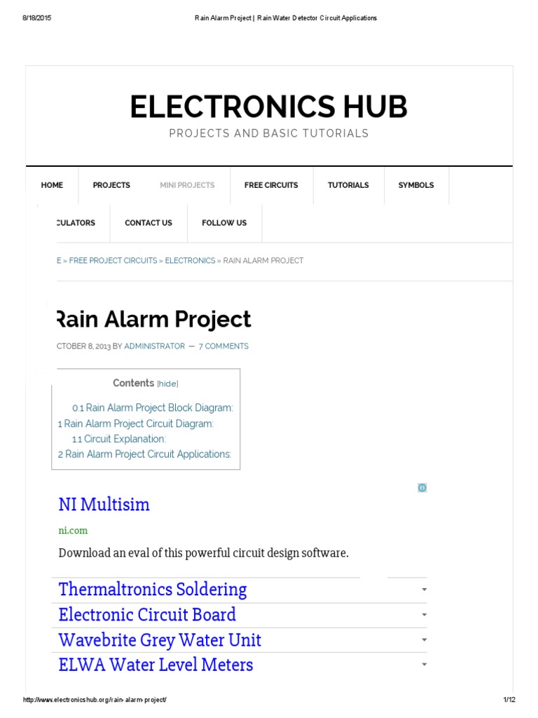 Rain Alarm Project _ Rain Water Detector Circuit Applications ...