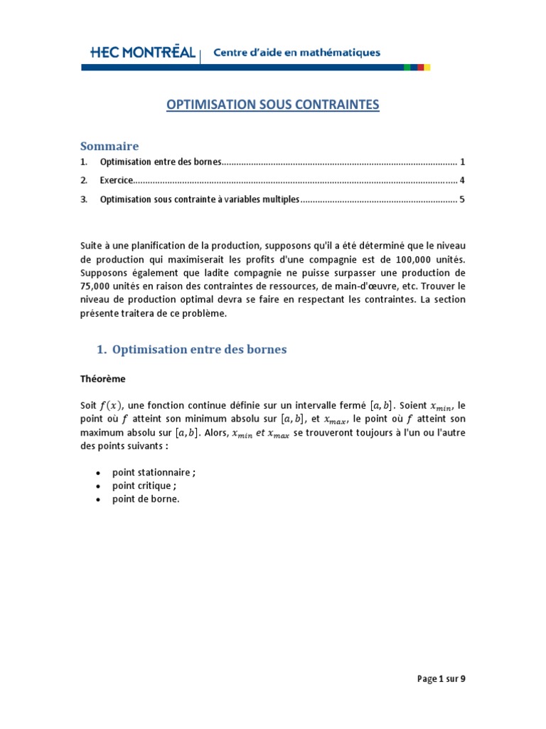 Optimisation sous contraintes expliquée | PDF | Extremum | Optimisation ...