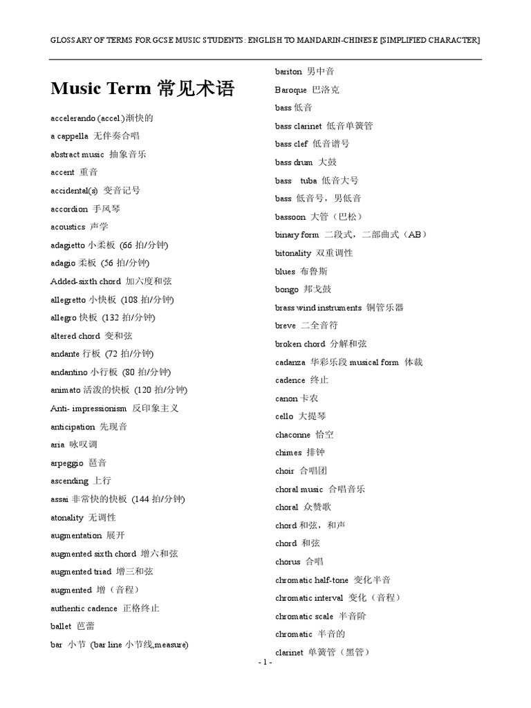 GCSE Music-Glossary of Music Terms From English To Simplified Chinese | PDF