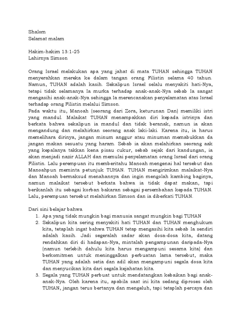 Lahirnya Simson dan Pesan Kasih Tuhan | PDF