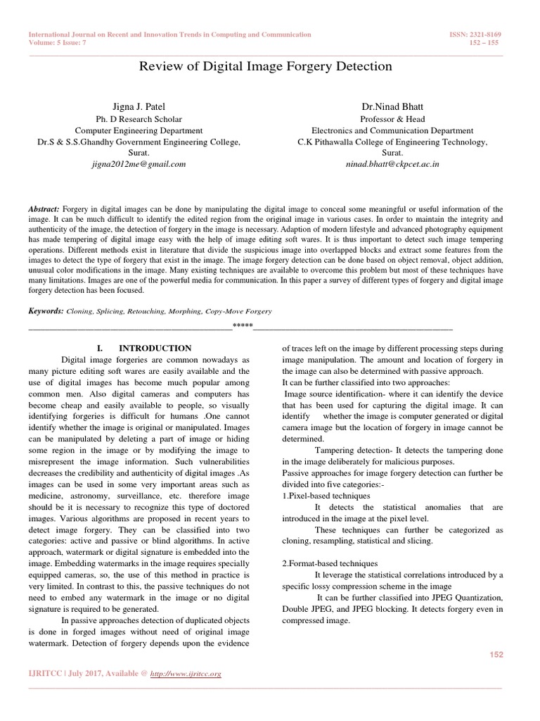 Review of Digital Image Forgery Detection | PDF | Digital Image | Computer Graphics