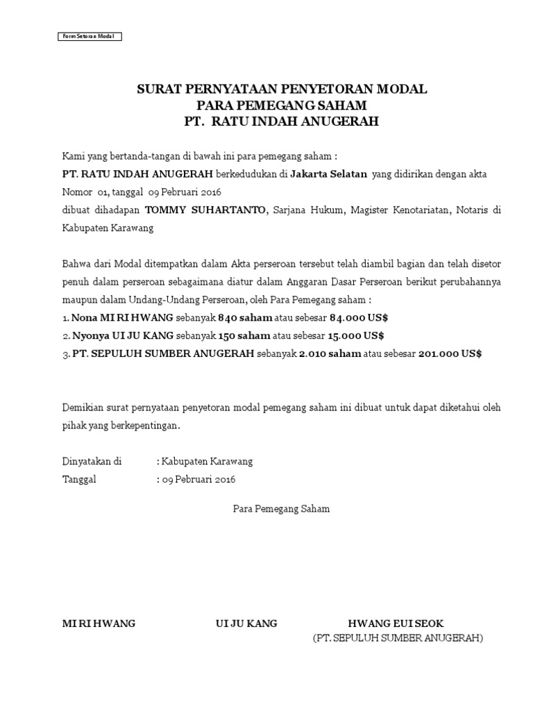 Surat Pernyataan Penyetoran Modal | PDF