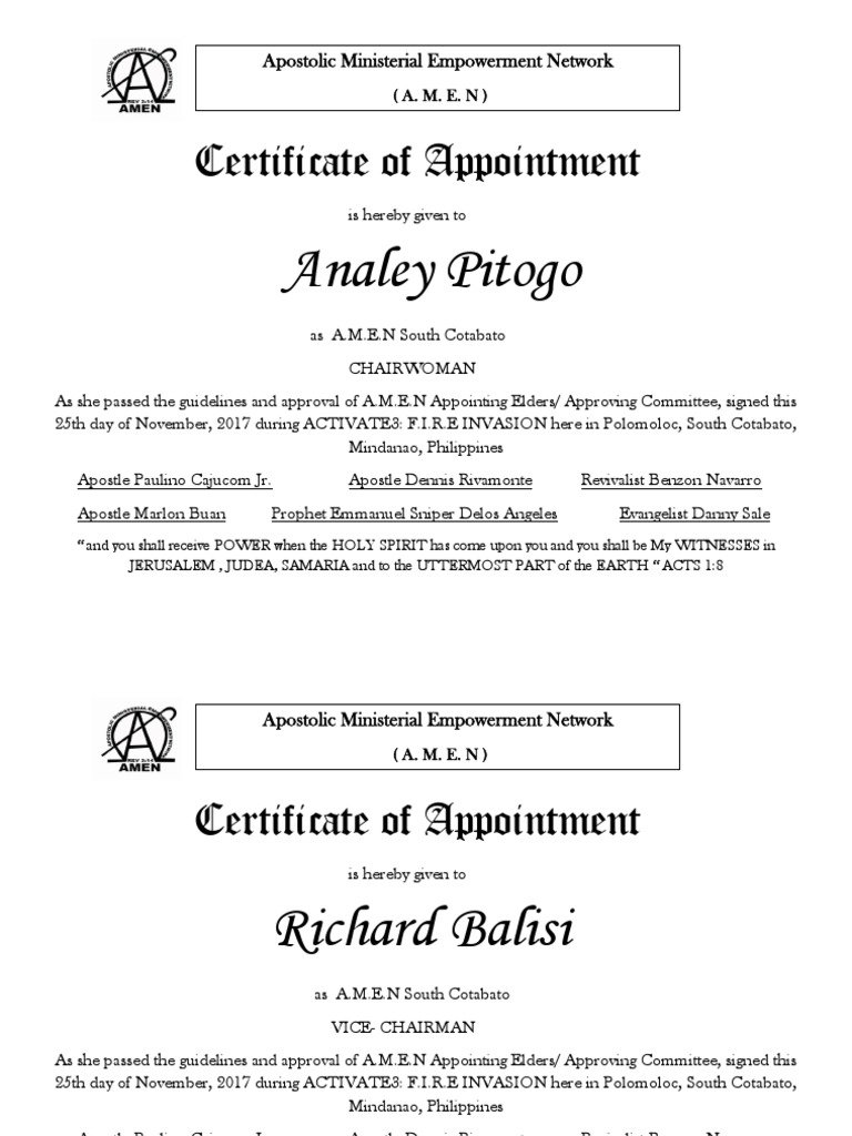 Certificate of Appointment | Christian Movements | Christian Organizations