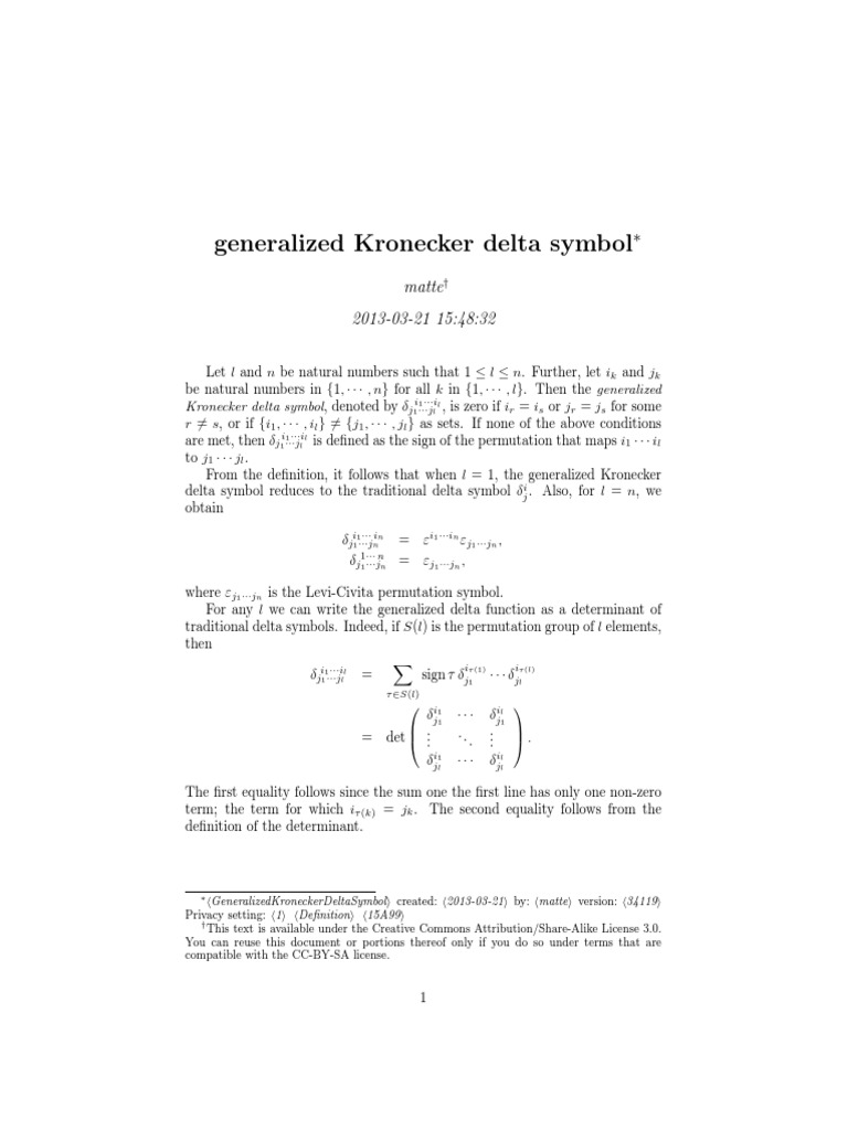 Generalized Kronecker Delta Symbol: K K I R S R S 1 L 1 L J J I I 1 L 1 L | PDF | Linear Algebra ...