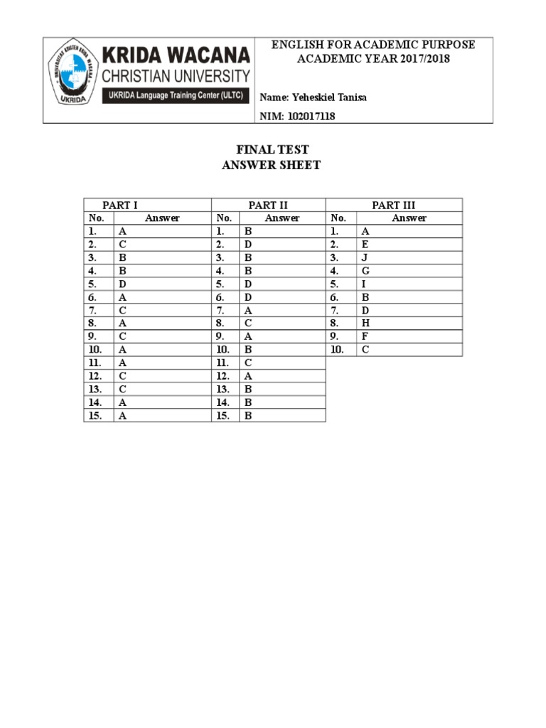 Final Test Answer Sheet: English For Academic Purpose ACADEMIC YEAR ...