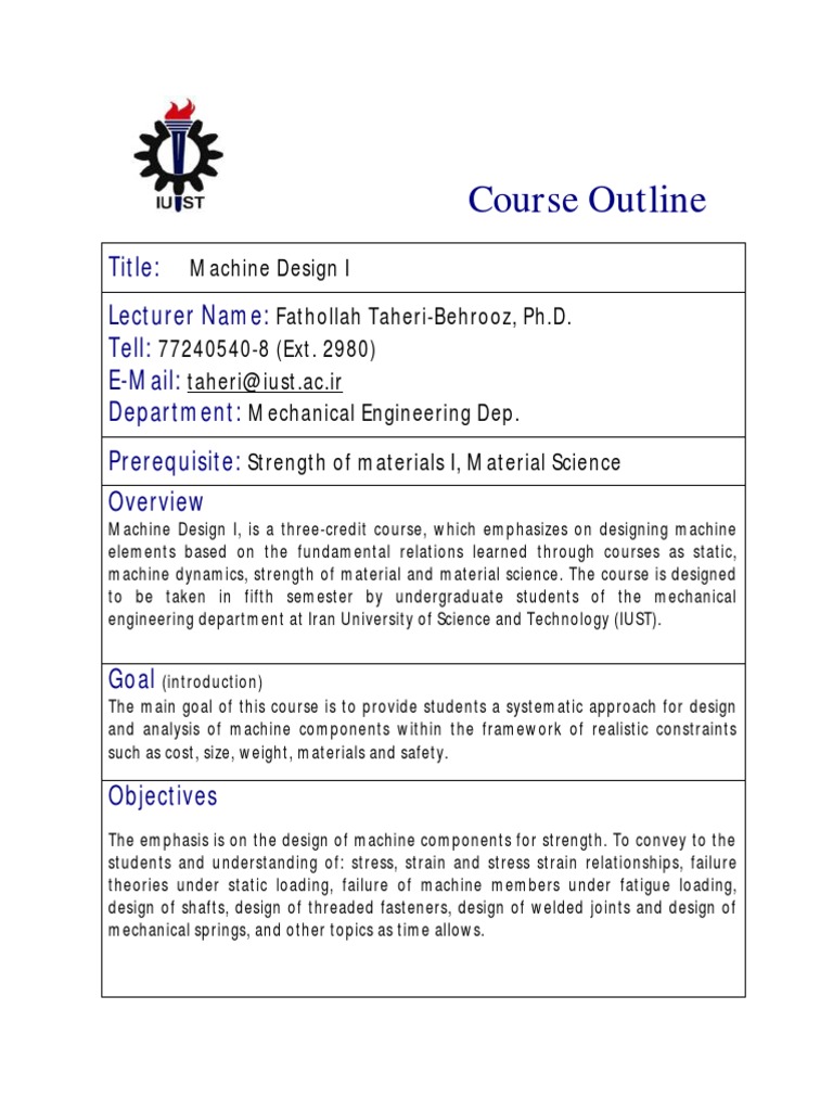 Course Plan Machine Design | PDF | Strength Of Materials | Machines