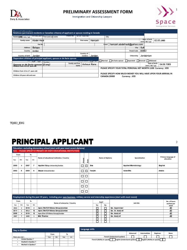Preliminary Assessment Form: Immigration and Citizenship Lawyers | PDF ...