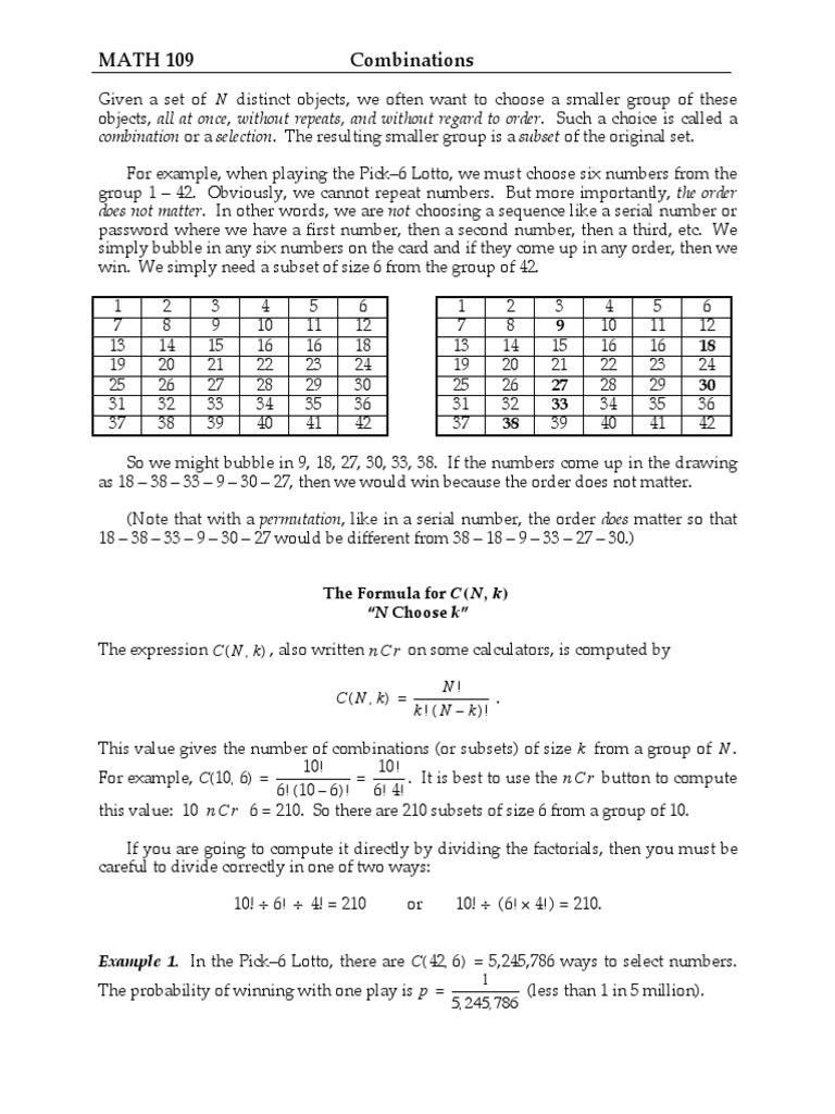 Combinations Lotto PDF Discrete Mathematics Teaching Mathematics