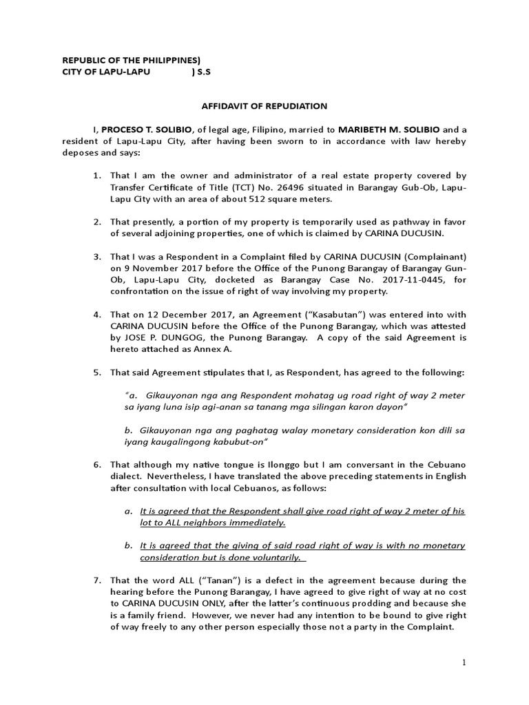 Affidavit of Repudiation of Barangay Agreement | PDF | Affidavit | Virtue