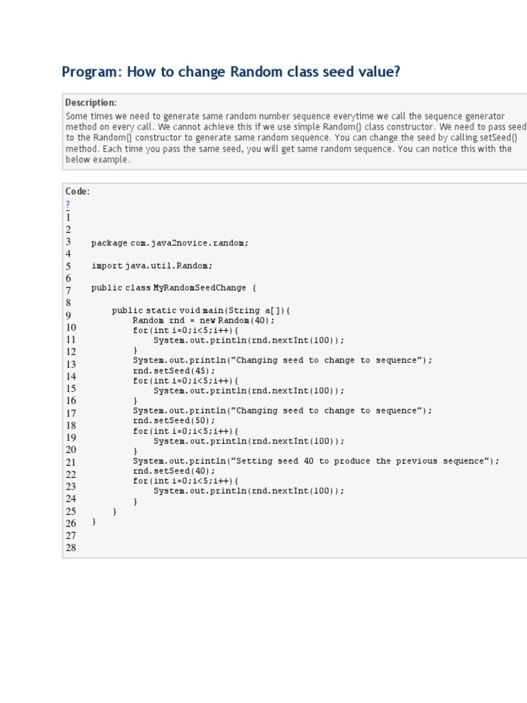 Program: How To Change Random Class Seed Value?: Description | PDF