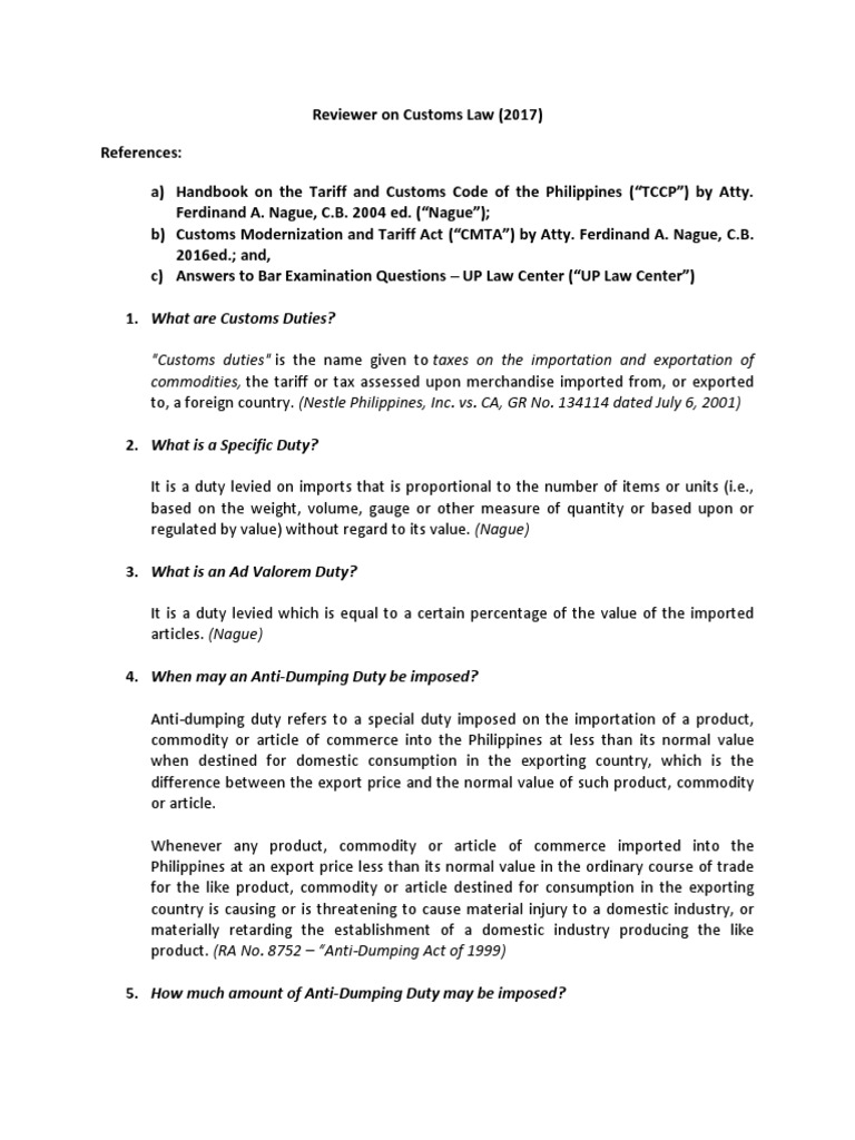 Customs Reviewer 2017 (Final) | PDF | Dumping (Pricing Policy) | Government