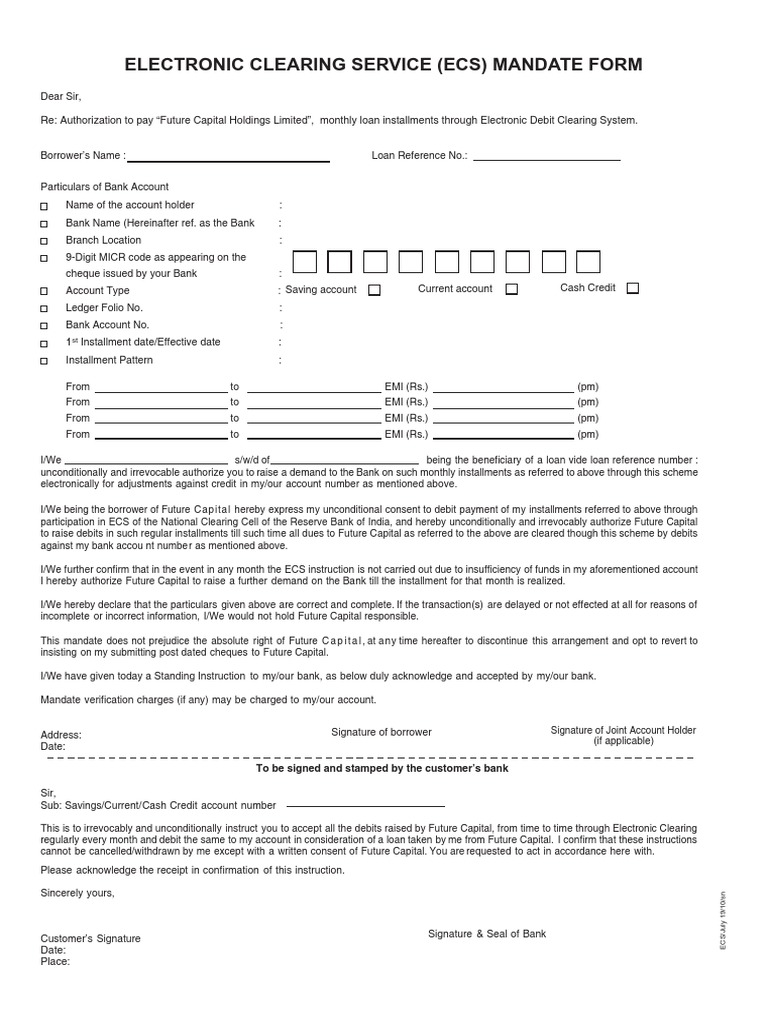 ECS Mandate Form for Loan Payments | PDF | Clearing (Finance) | Banks